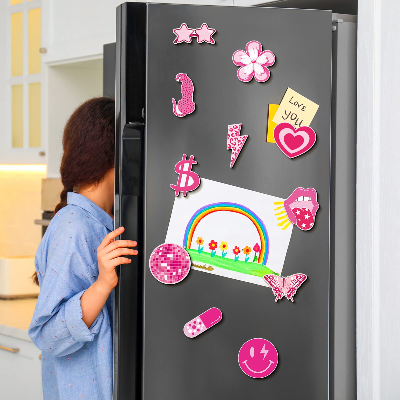16pcs Pink Preppy Refrigerator Magnets Women Fridge Magnets Cute Magnetic Pink Locker Accessories Preppy Locker Decor Boho Locker Decoration Smiling Face Leopard Decorative Magnets for Girls Kitchen