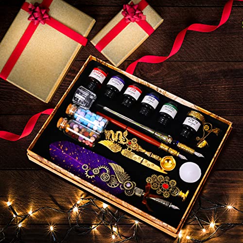 Aifeiter Feather Pen Ink Set,Quill Pen Ink Set,Wax Seal Stamp Set,Feather Calligraphy Pen Set,Birthday Present,Christmas Gifts,Holiday Ideal Gift(purple)