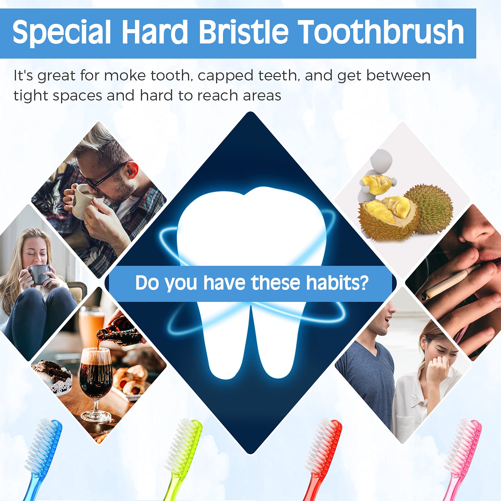 Zopeal Extra Hard and Firm Toothbrush for Adults Bulk Huge Head Bristle Full Head Manual Toothbrush for Cleaning(8 Pieces)