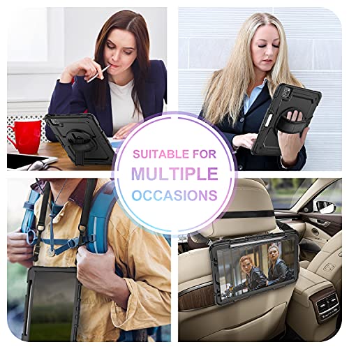 iPad Pro 11 Case, iPad Air 5th/4th Gen Case 2022/2020 with [Tempered Glass Screen Protector], [Kid Proof] BASE MALL Tablet Protective Case, Pencil Holder,Rotating Kickstand,Hand/Shoulder Strap (Black)