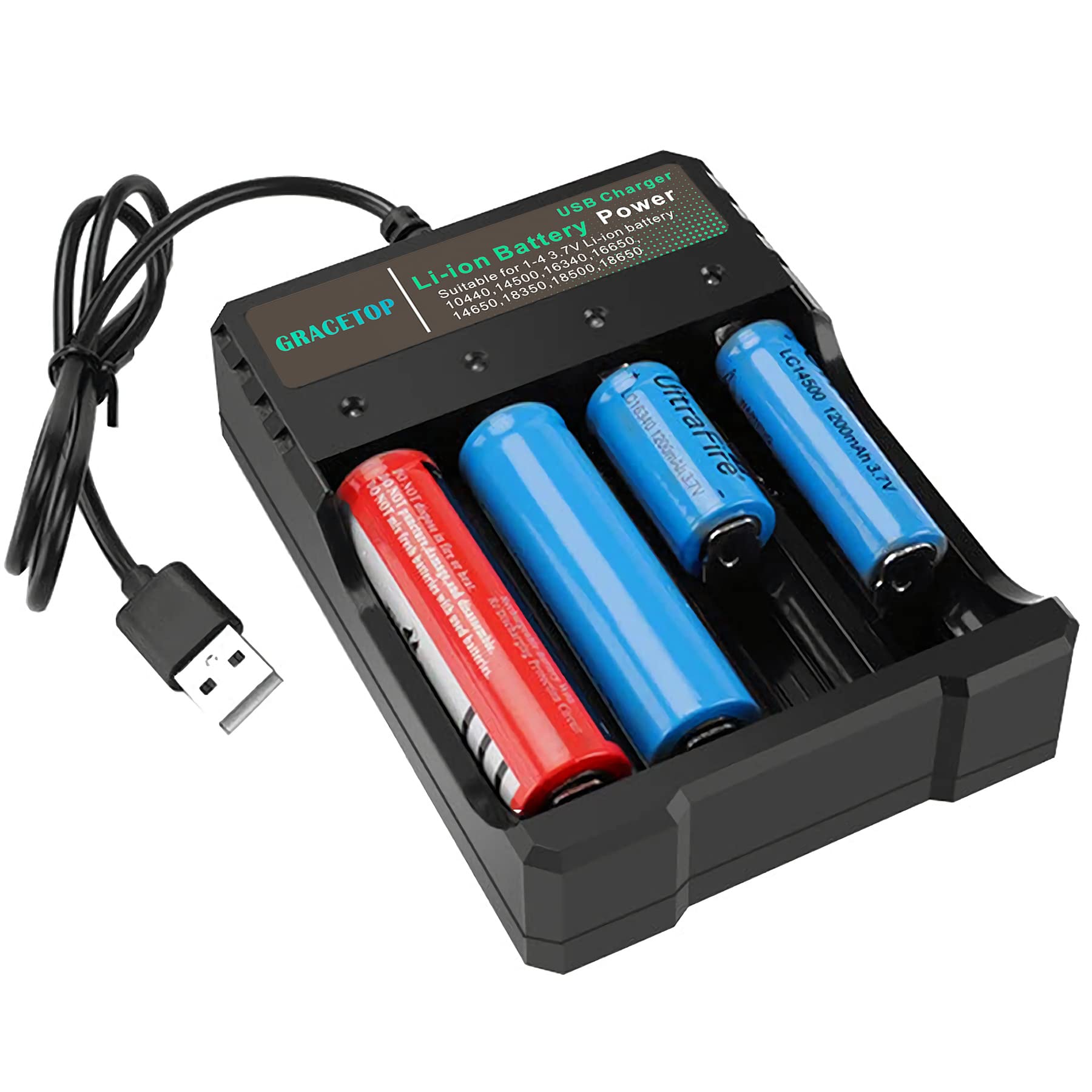 18650 Battery Charger 4 Bay, Smart Universal Charger for Flashlight Headlamp Battery 3.7V Lithium Li ion Batteries Compatible 18650 14500 16340 Battery Charger