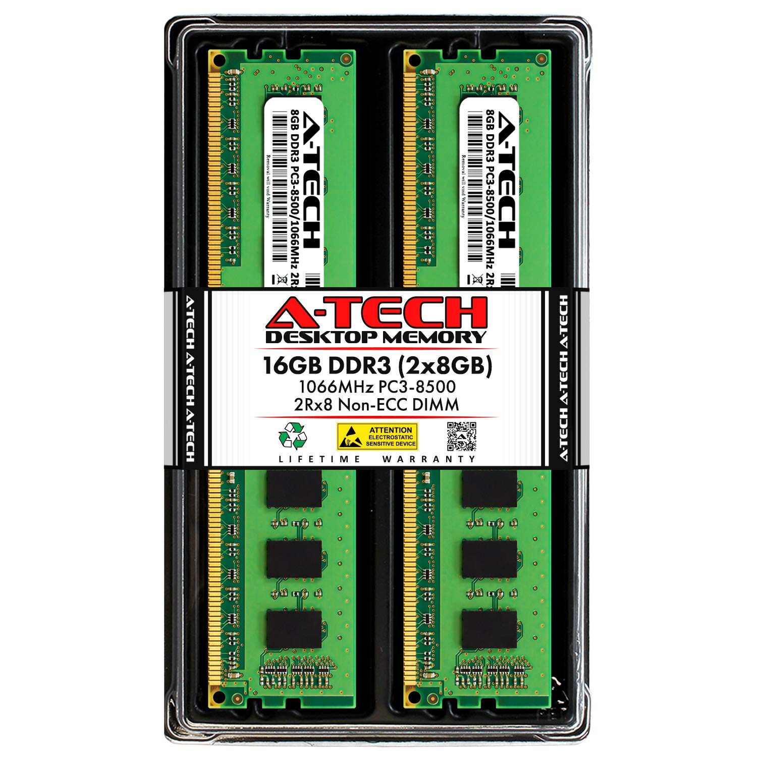A-Tech 16GB DDR3 1066MHz Desktop Memory Kit (2 x 8GB) PC3-8500 Non-ECC Unbuffered DIMM 240-Pin 2Rx8 1.5V Dual Rank Computer RAM Upgrade Sticks