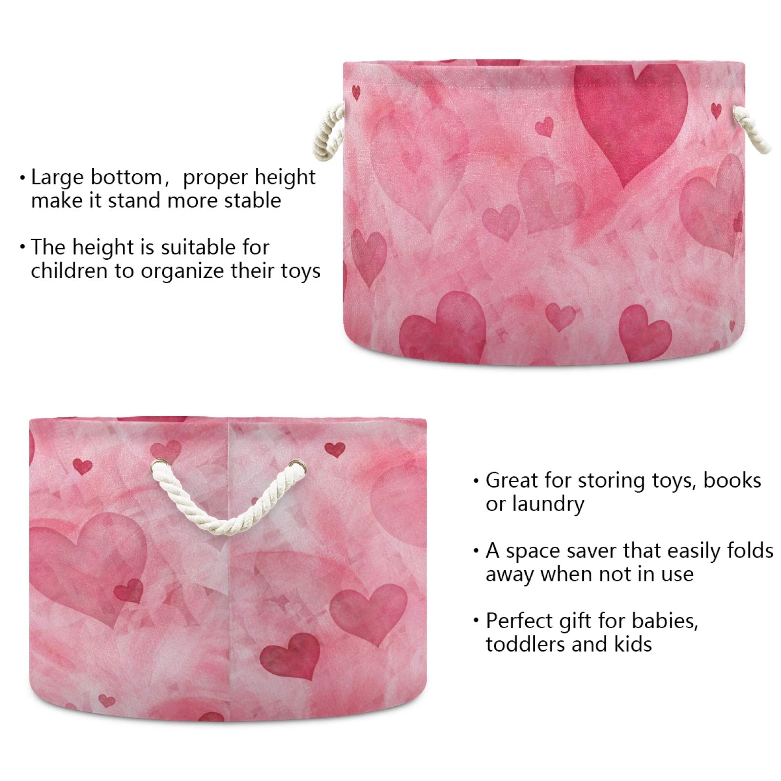 ALAZA Large Storage Basket for Toys Valentine's Day Red Heart Round Blanket Basket Laundry Hamper Canvas Organizer Bin Box Cotton Rope Collapsible Bucket Pillow Home Decor