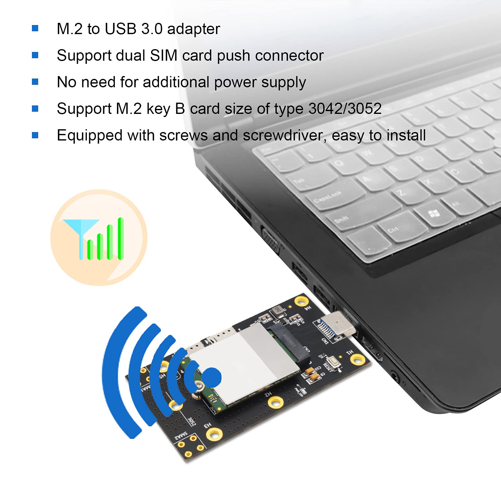 M.2 NGFF to USB 3.0 Adapter Card, 3042/3052 NGFF (M.2) to USB 3.0 A Adapter with Nano SIM Card Slot for 3G/4G/5G Module