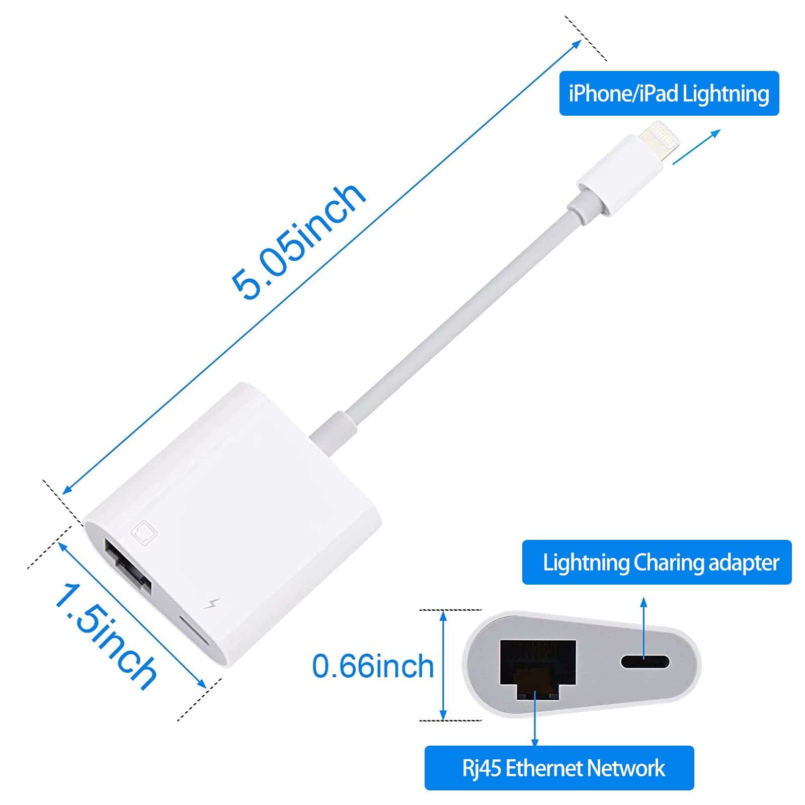 Lightning to Ethernet Adapter with Charging for iPhone/iPad [Apple MFi Certified] 2 in 1 RJ45 Ethernet High Speed iPhone LAN Network Adapter Support 100 Mbps Ethernet Network