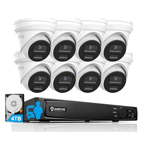 Anpviz 16CH 4K PoE Security Camera System with AI Human/Vehicle Detection, 8pcs 8MP PoE Cameras with Mic, Smart Dual Light Color Night Vision, 4K 16CH NVR with 4TB HDD for 24/7 Recording (H Series)