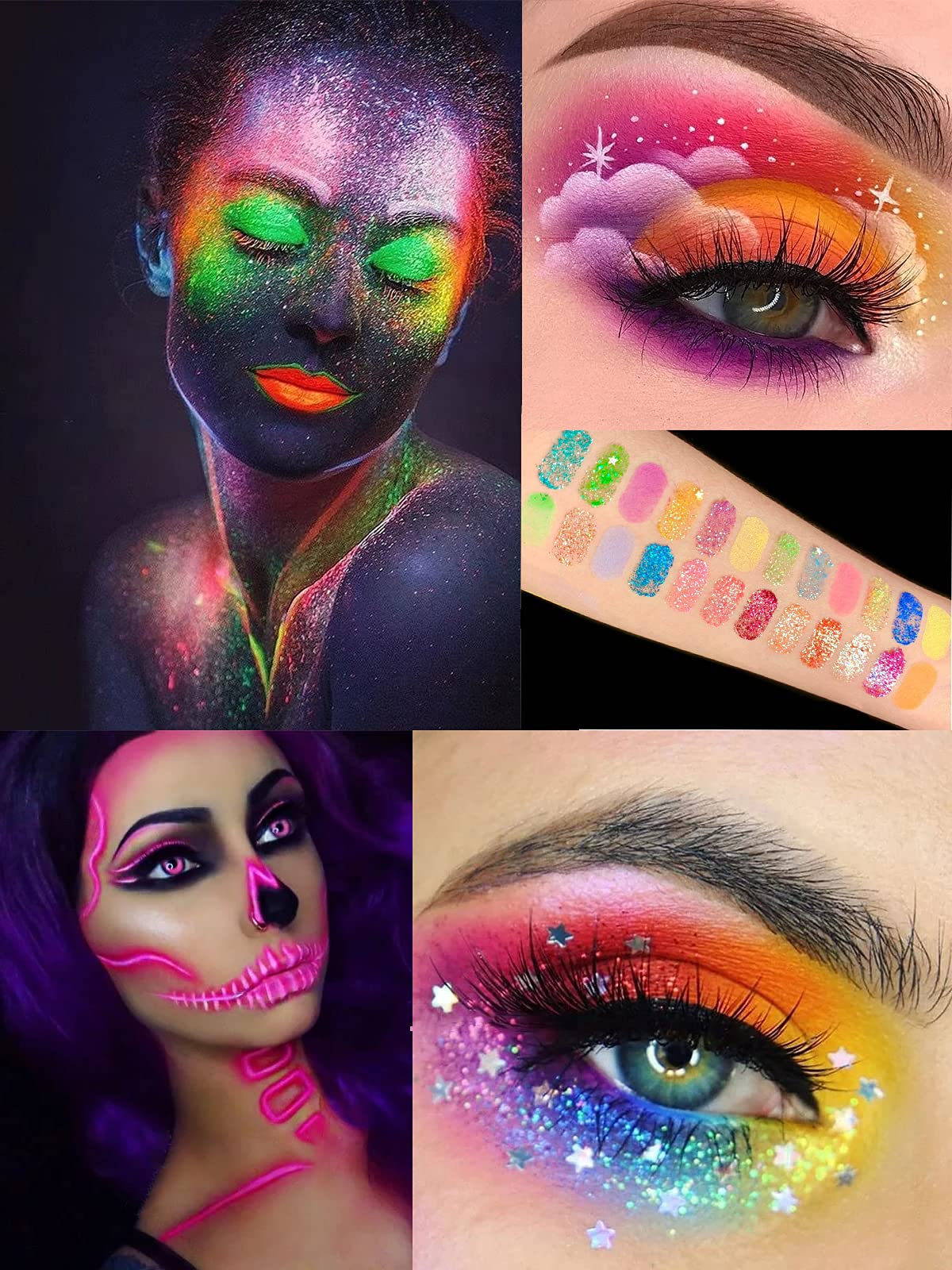 Kalolary 24 Colors Glow in the Dark Makeup Eyeshadow Face Paint Palette, Highly Pigmented Neon Eyeshadow Palette Matte and Glitter UV Glow Blacklight Party Make up