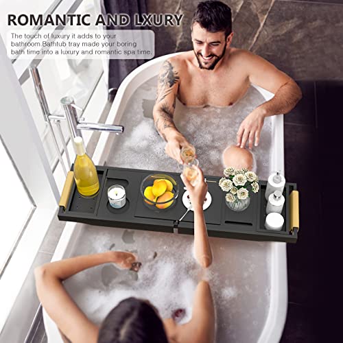 Bathtub Tray Bath Caddy Tray for Tub - Expandable Board and Book Stand Premium Leather Grip and Non-Slip Pat for Luxury Bath Bamboo Bathtub Table Tray for Home Spa and Gift Choice (Black)