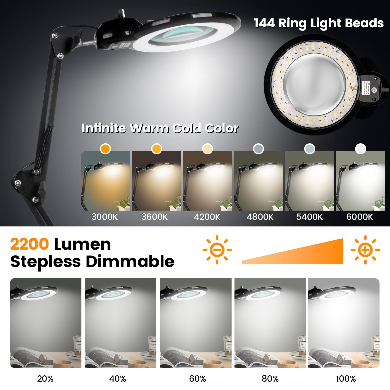 10X Magnifying Glass with Light and Stand,KUVRS 2200 Lumen Infinite Color Temperature Stepless Dimming Magnifying Lamp, Head Dual Dimmer Adjustable Swing Arm Magnifier with Light Soldering Craft Hobby