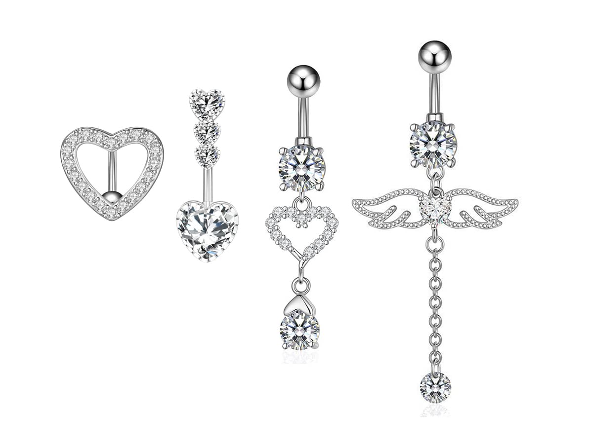 14G Surgical Steel Belly Button Rings Round/Love Heart Clear CZ Navel Curved Barbell Studs Sexy Body Piercing (4PCS - Steel - Style A)