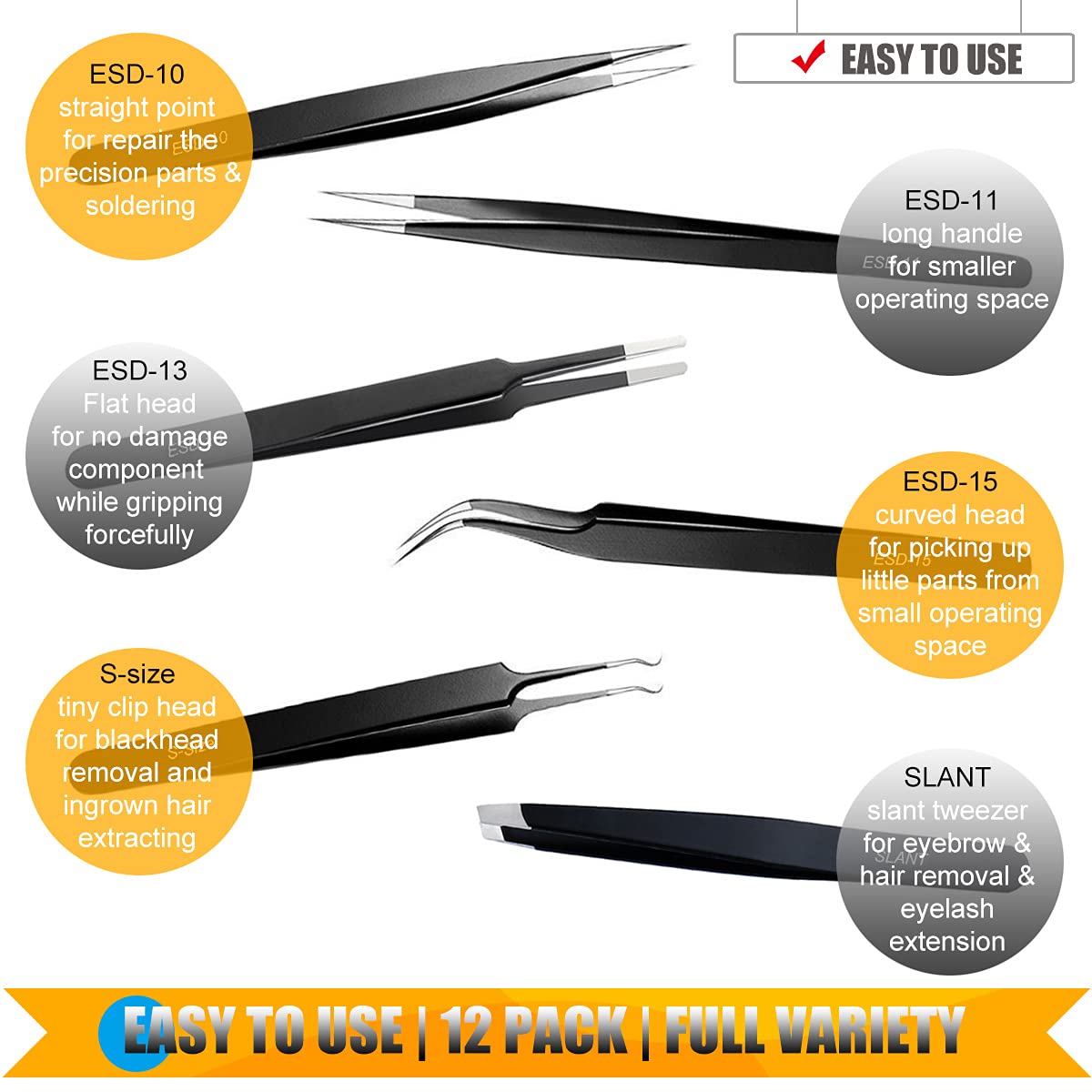 Antonki 12 Pack Precision Tweezers Set, Point and Slant Metal Tweezer Kits for Craft, Soldering, Jewelry, Ingrown Hair, Eyelash Extension, Eyebrow - with Case