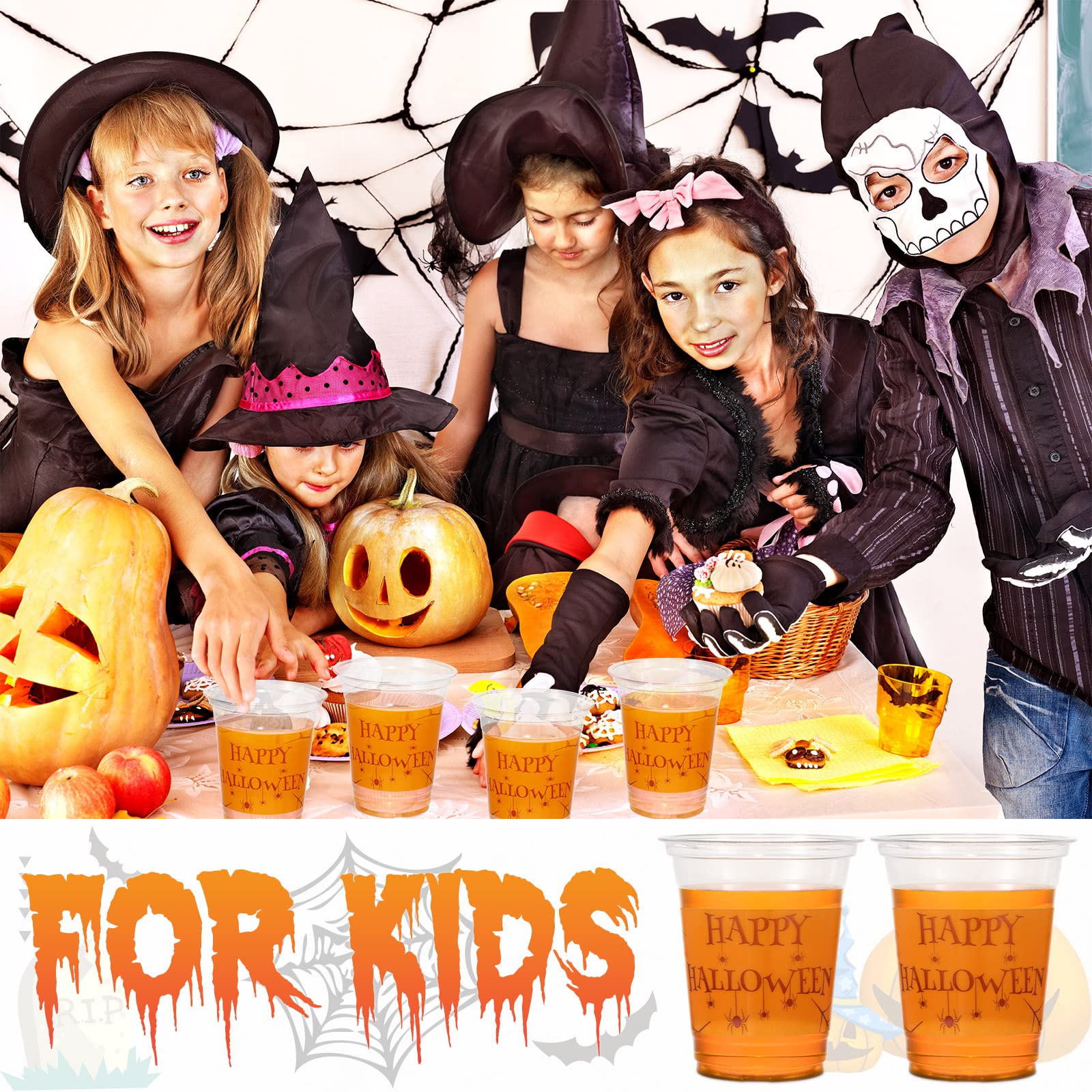 12 Oz Bulk Plastic Halloween Party Cups Clear Disposable Cups Printed Happy Halloween with Spider and Cobweb Disposable Plastic Party Cups Tableware for kids Adults Halloween Party Supplies(36 Pack)