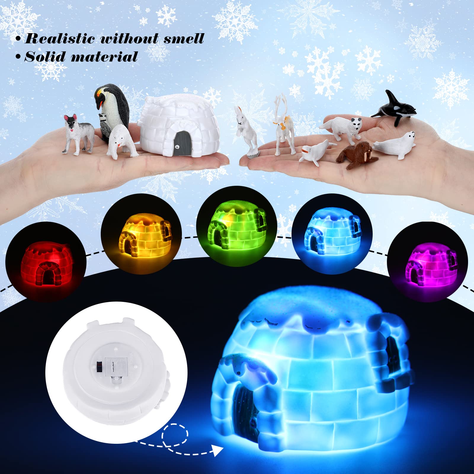 11 Pcs Polar Animals Figurines with Realistic Glowing Igloo Plastic Animal Models Mini Animals Figures Play Figure Playsets Arctic Sea Figurines Toys Cake Topper Toy Gift for Birthday Baby Shower