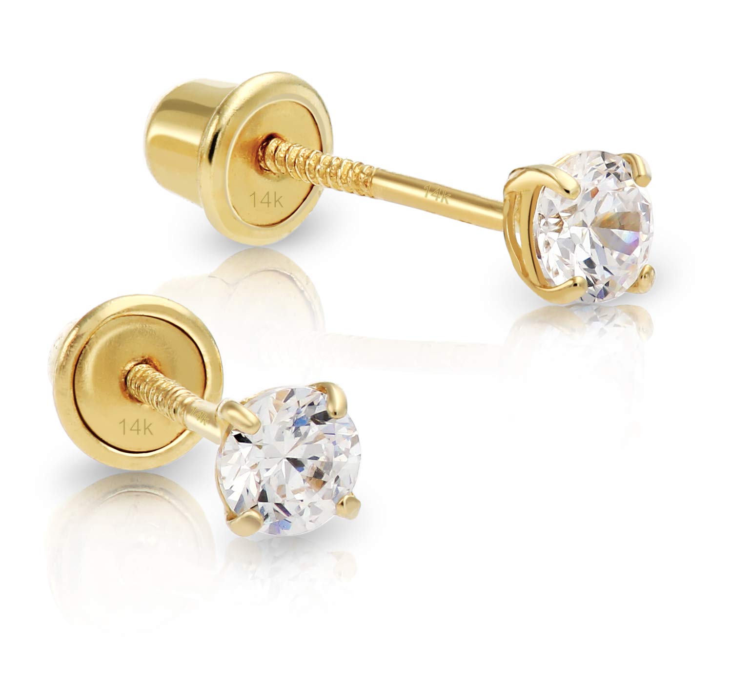 14k Yellow Gold Small Solitaire Made with Genuine Cubic Zirconia Round Stud Earrings (3mm)