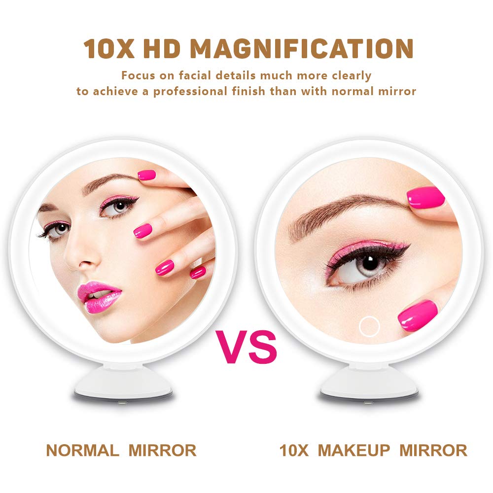 10X Magnifying Mirror with Lights,Lighted Magnifying Makeup Mirror with Lights Led Lighted Makeup Mirror with Touch Sensor,Dimmable,Powerful Suction Cup,360°Rotation for Travel Home