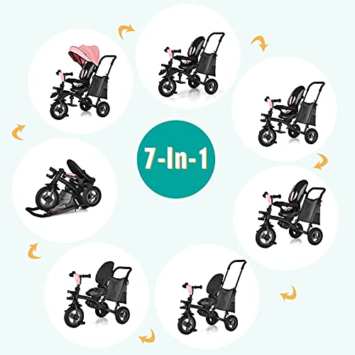 BABY JOY Toddler Tricycle, 7 in 1 Folding Steer Trike w/Rotatable Seat, Adjustable Canopy, Push Handle, Guardrail, Safety Harness, Brakes, Cup Holder & Storage, Tricycle for Toddlers Ages 1.5-5 (Pink)