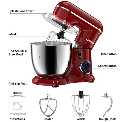 AILESSOM 3-IN-1 Electric Stand Mixer, 660W 10-Speed With Pulse Button, Attachments include 6.5QT Bowl, Dough Hook, Beater, Whisk for Most Home Cooks, Empire Red