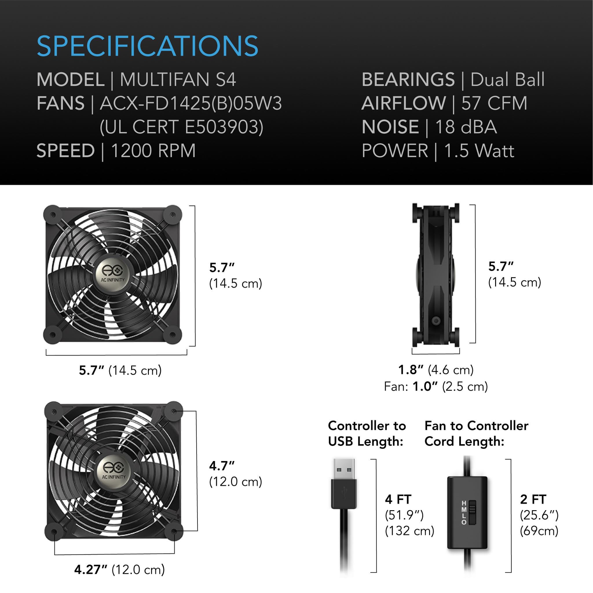 AC Infinity MULTIFAN S4, Quiet 140mm USB Fan, UL-Certified for Receiver DVR PlayStation Xbox Computer Cabinet Cooling