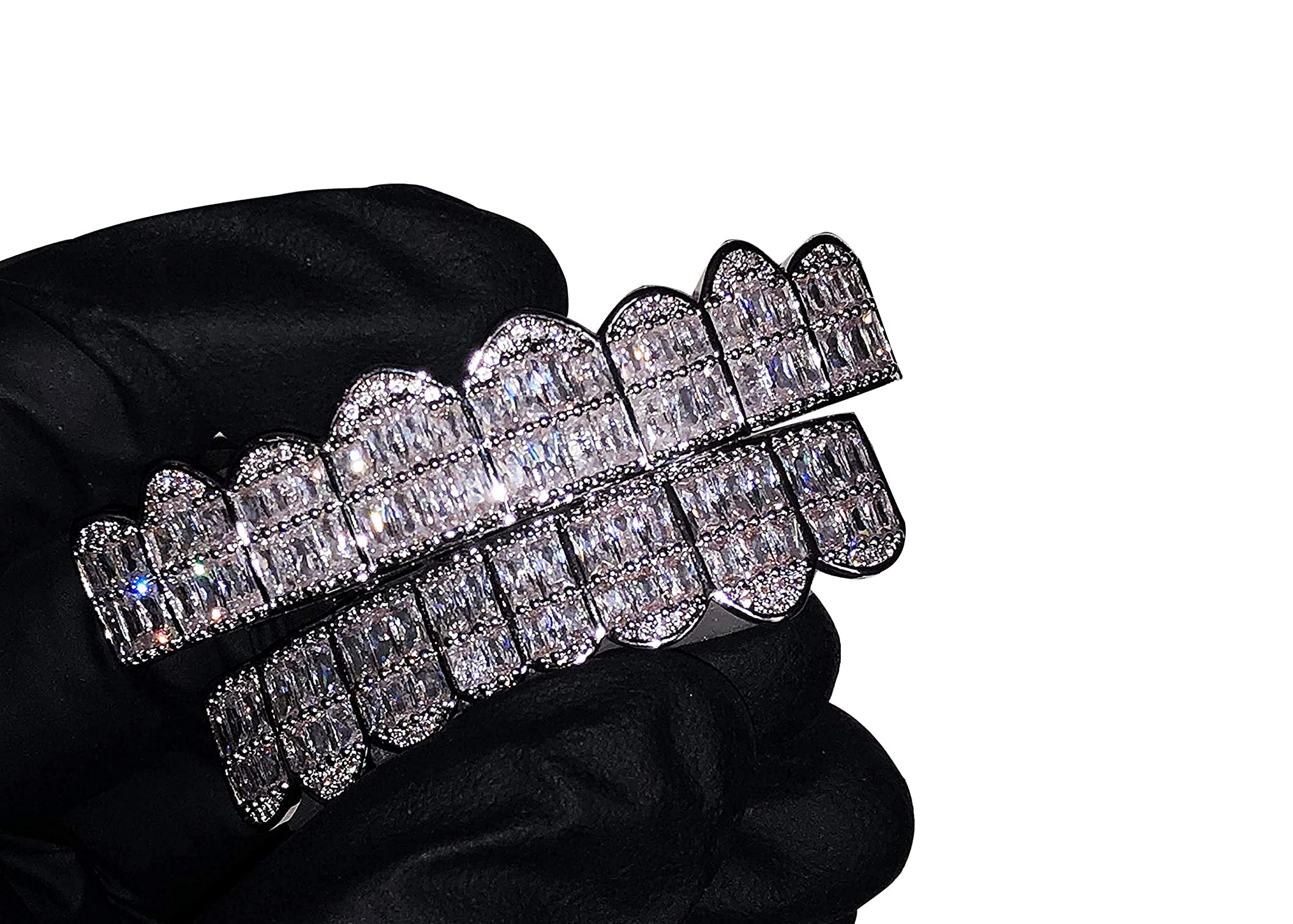14k Baguette Set 8 teeth White Joker Gold Grillz for Mouth Top Hip Hop Teeth Diamond Grills for Teeth Mouth Grillz for Mouth Top Bottom Hip Hop 8 Teeth Grills for Teeth Mouth Set - Teeth Cap