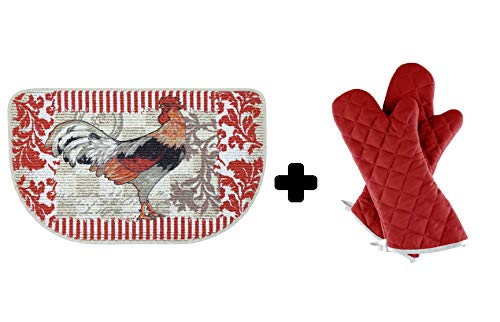 18" x 30" Rooster Printed Slice Kitchen Mat Oversized Quilted Mittens, Flame Heat Resistant Set of 2 - Bundle Set