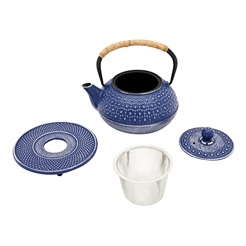 3 Piece Set Blue Japanese Cast Iron Teapot, Loose Leaf Tetsubin with Handle, Stainless Steel Infuser, and Trivet (27 oz, 800 ml)