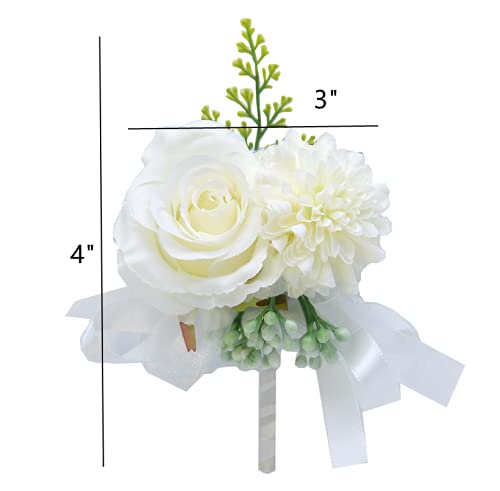 2 Pack Flower Wrist Corsage Boutonniere Set,3" Artificial Rose and Carnation Handmade Silk Flower for Wedding Flowers Accessories Prom Suit Decor (Red)