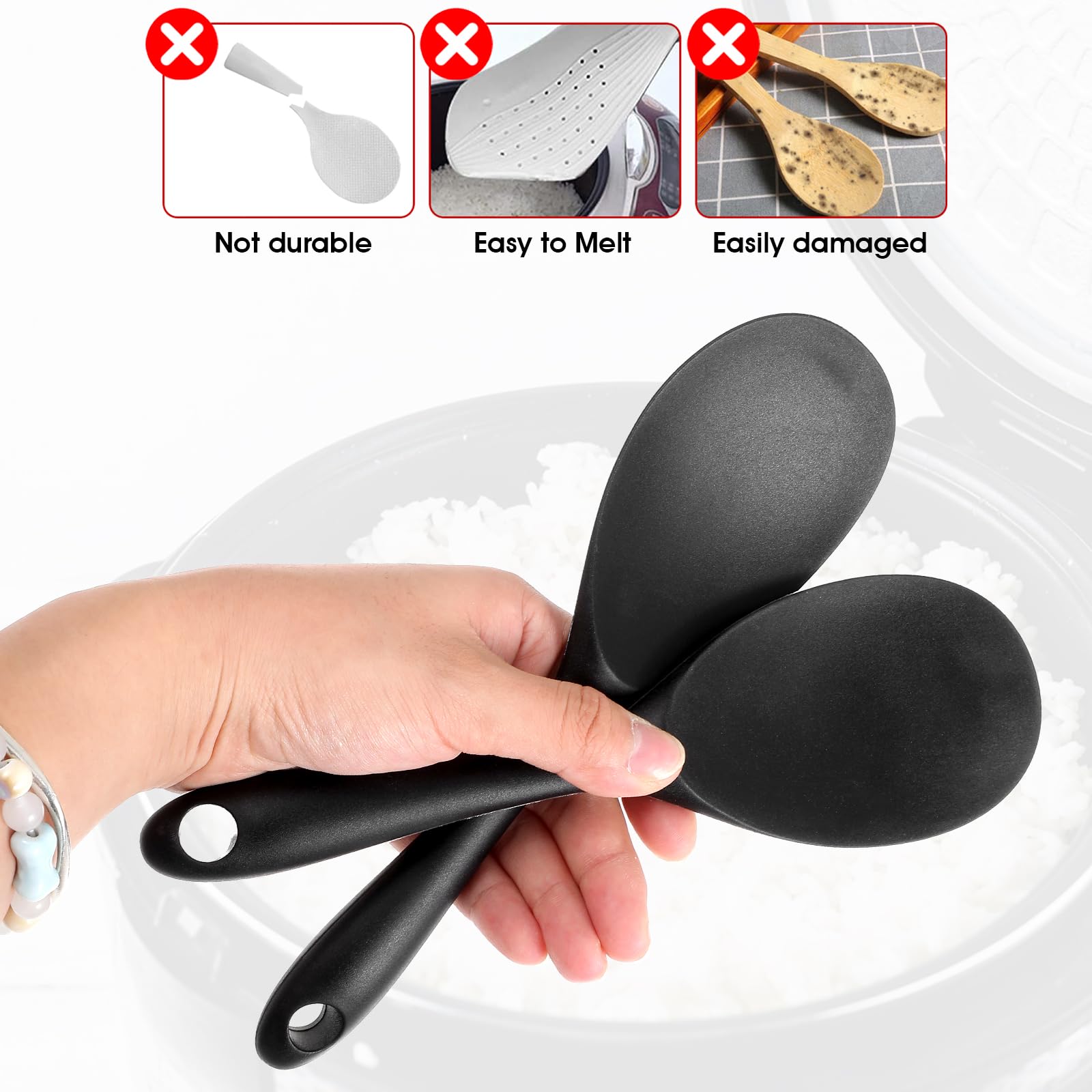 2Pcs Silicone Rice Scooper, 8.7 Inch Non-Stick Rice Paddle for Rice Mashed Potatoes, Heat Resistant Rice Paddle Spoon for Kitchen Cooking Serving Baking Stirring(Black)