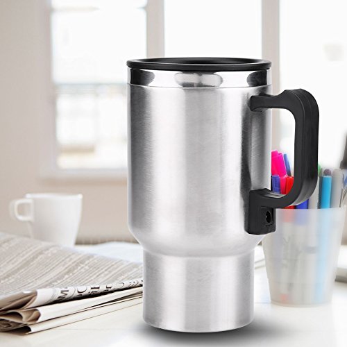 12V Car Heating Cup, 450ml/15oz 60W Stainless Steel Travel Heating Cup Car Heated Mug, Travel Car Kettle Heating Mug for Heating Water, Coffee, Milk, Tea
