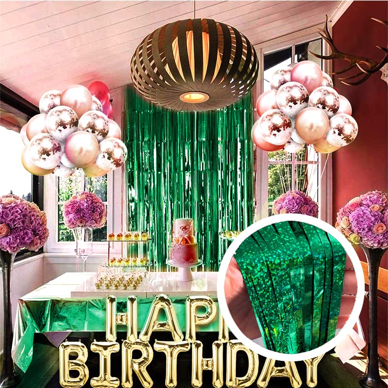 2 Pack Green foil Fringe Curtains 3.2 ft x 8.2 ft + 1 Pack Tablecloth 54β x108 for Birthday Wedding Christmas Bridal Shower Bachelorette Holiday Party Backdrops Photo Booth Props (Green)