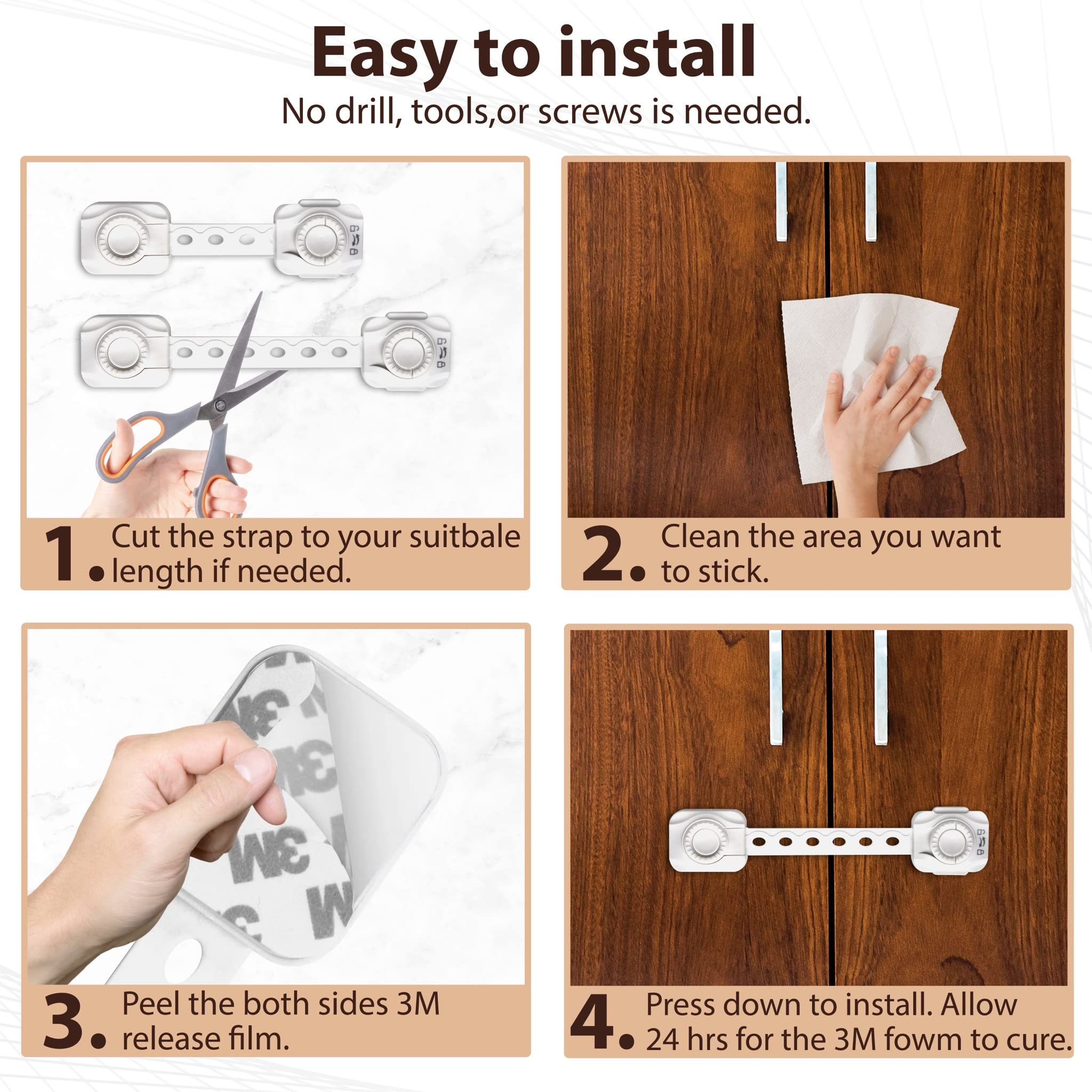 12 Pack Baby Proof Child Safety Strap Locks-Adjustable Child Locks For Cabinets With 6 Extra 3M Adhesives-Cabinet Locks For Babies With Triple Lock Protection-Child Proof Cabinet Latches For Drawers.