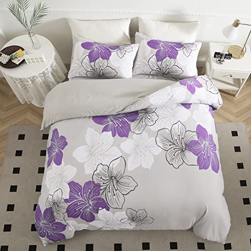 3 Pieces Duvet Cover Set Queen Purple Floral Pattern Comforter Cover Set Elegant Boho Lily Duvet Cover with 2 Pillow Cases Breathable Microfiber Bedding Duvet Cover Set All Season (Purple, 90"x90")