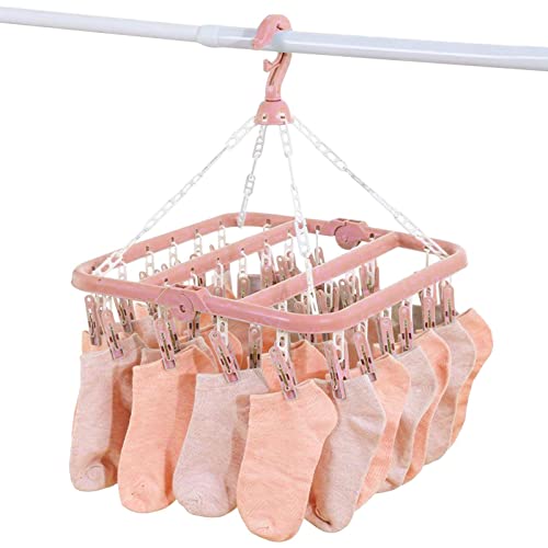 2 Pack Clothes Drying Hanger with 32 Clips, Clothes Drying Rack, Foldable Laundry Clip Hanger, Underwear Hangers for Drying, Drip Drying Rack for Drying Socks Lingerie Baby Clothes Towels Bras