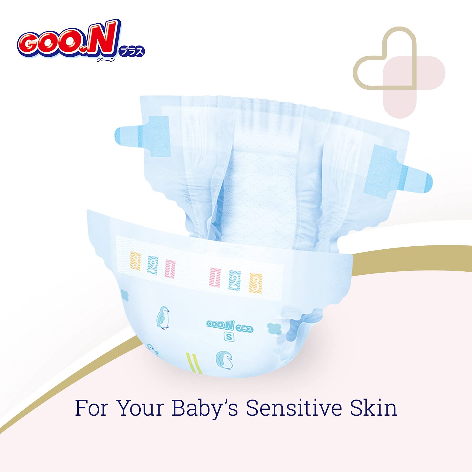 GOO.N Plus+ Diapers M Size (up to 24 lb) Unisex 64 Count Japanese Tape Straps Sensitive Skin, Made in Japan