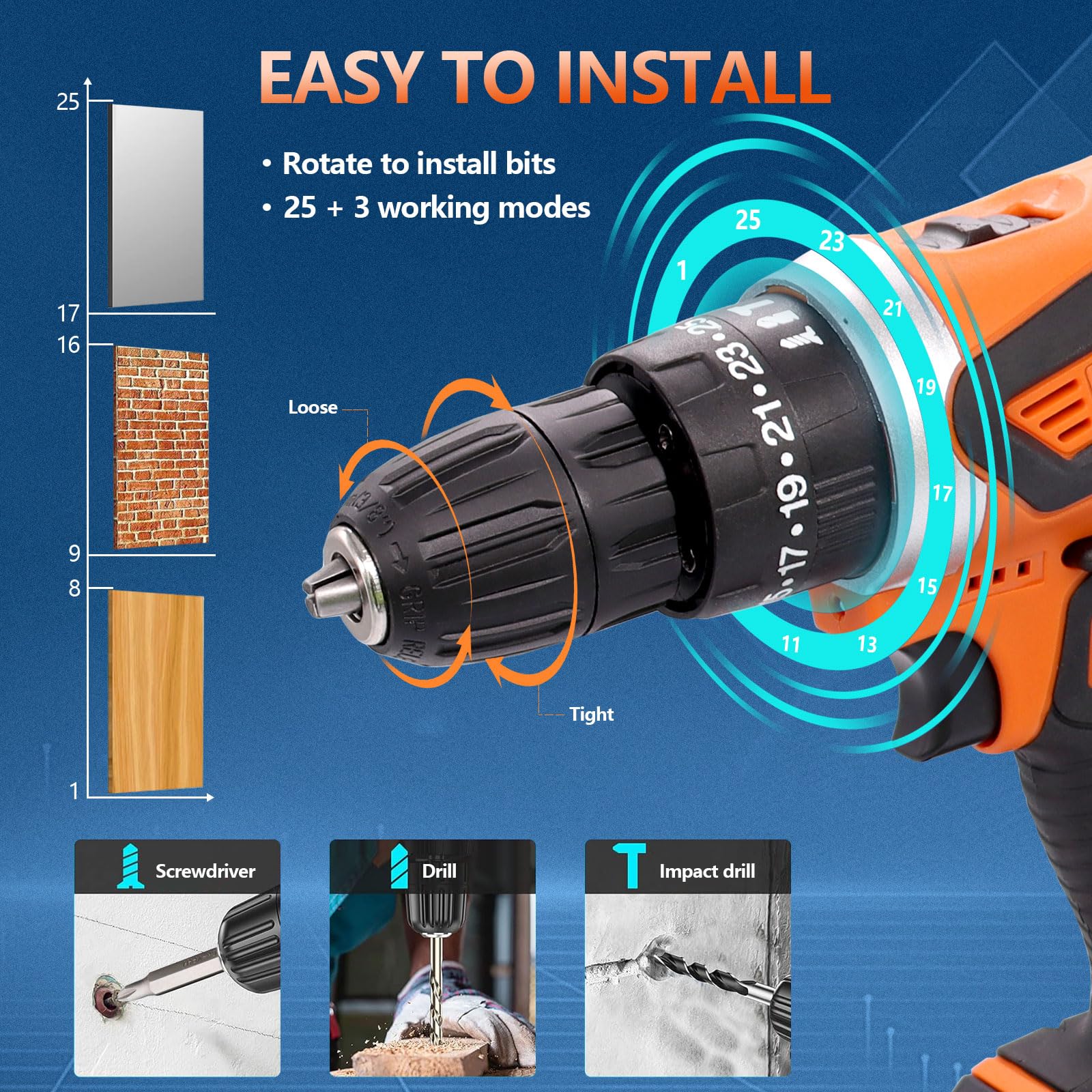 21V Cordless power drill bit&tool kit set,3/8"Keyless Chuck,25+1Clutch,Dual 2Variable speed settings:0-1500 RPM,1.5Ah Li-Ion Battery 3000mAh Rechargeable Used3~5H,life ​260times for Home tools box