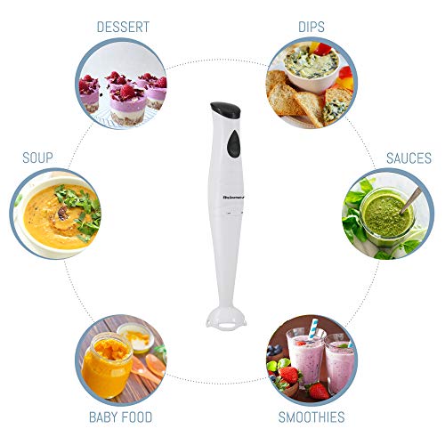 Americana Collection Elite EHB-2425X# Electric Immersion Hand Blender, Mixer, Chopper, 1-Touch Control Soups, Sauces, Baby Food, Removable Blending Stick, 150 Watts, White