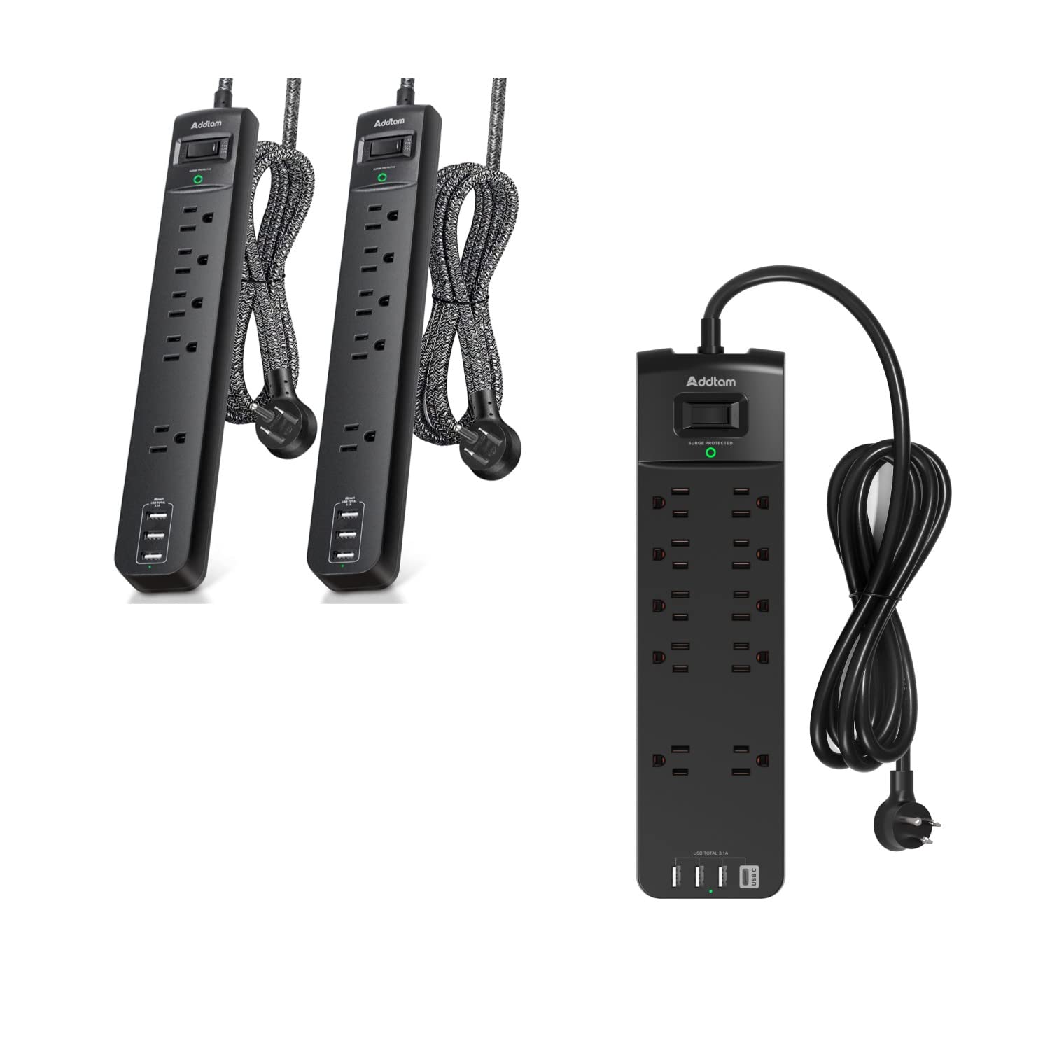 2 Pack Power Strip Surge Protector, 5 Widely Spaced Outlets 3 USB Charging Ports & Power Strip Surge Protector with 10 Outlets and 4 USB Ports