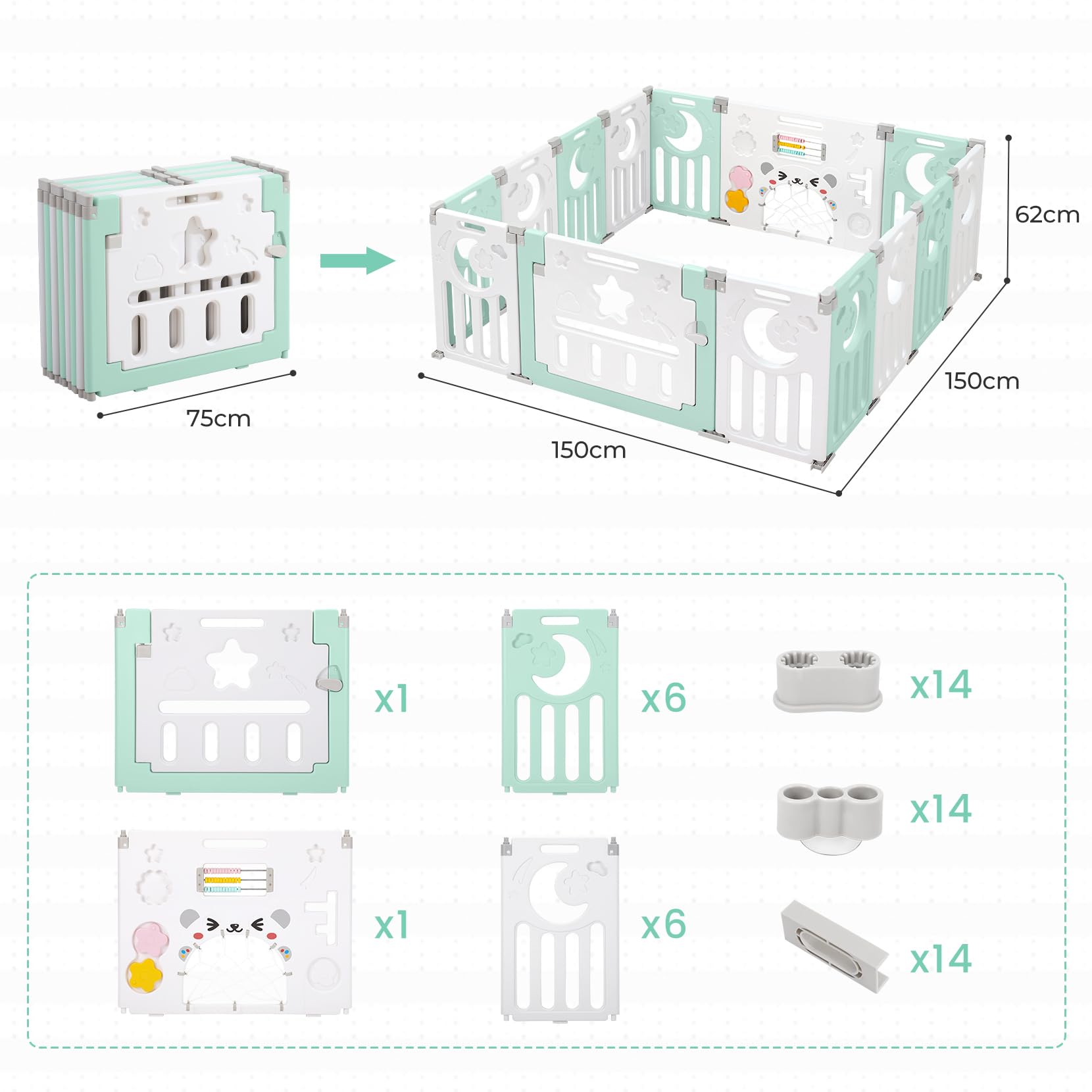 Baby Playpen, Dripex Foldable Playpen for Babies and Toddlers, Custom Shape Baby Fence, Safety Play Yard with Gate, Portable Play Area for Indoor or Outdoor, Light Green White, 14 Panel