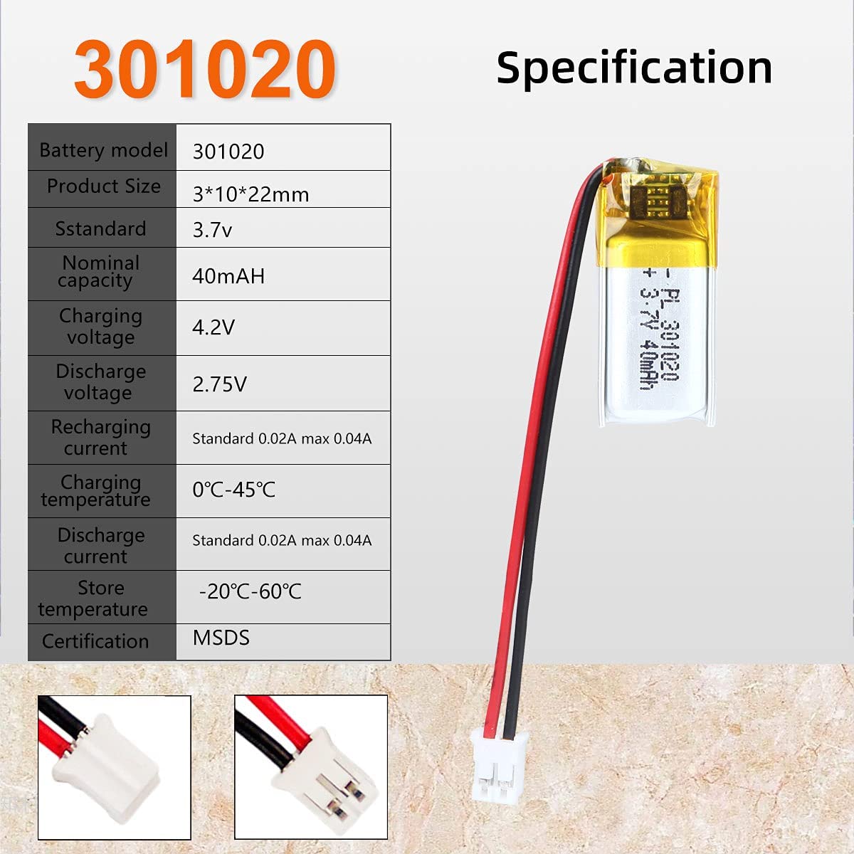 AKZYTUE 3.7V 40mAh 301020 Lipo battery Rechargeable Lithium Polymer ion Battery Pack with PH2.0mm JST Connector
