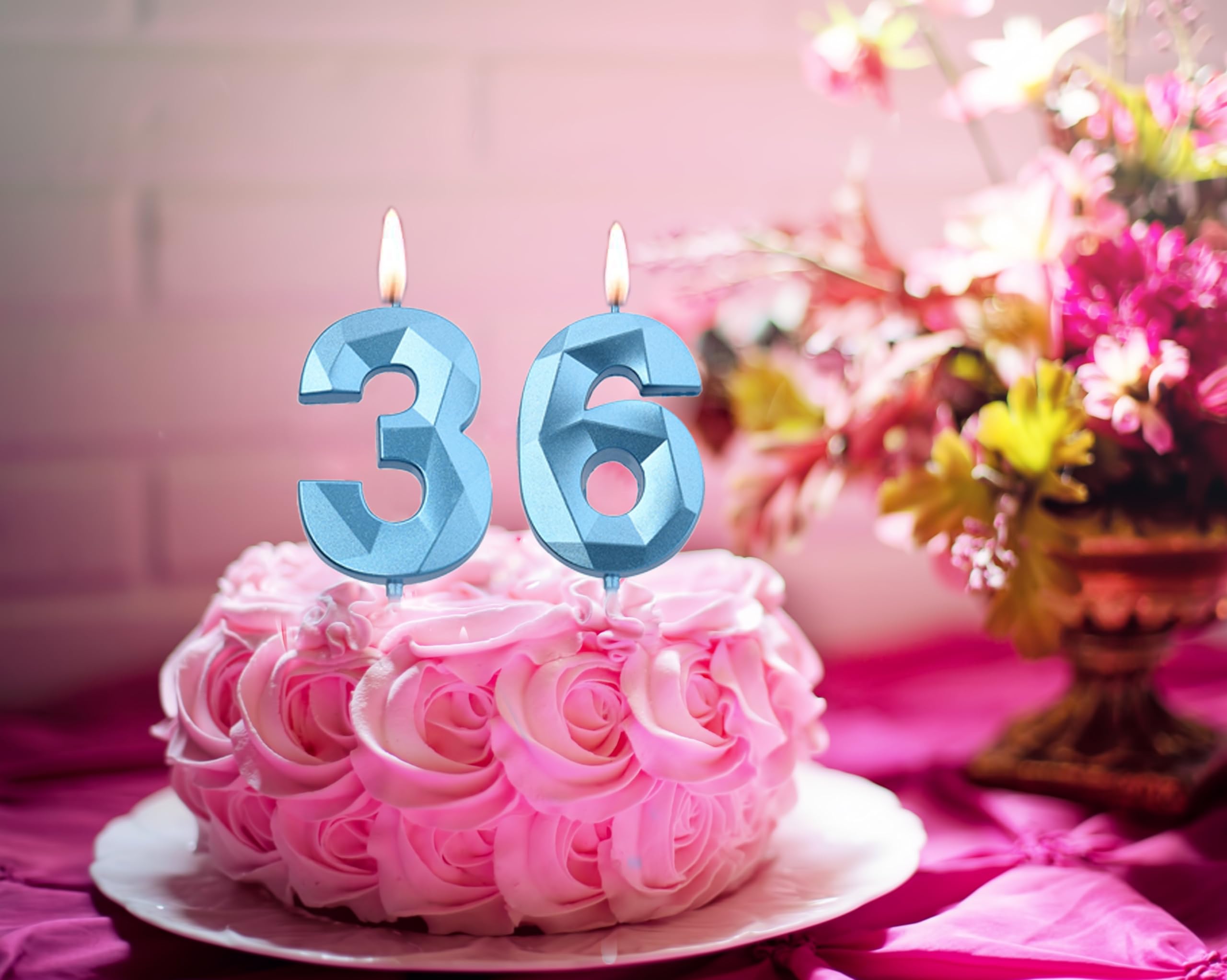 2 inch Blue 36 Birthday Candles, 3D Diamond Number 36th Cake Topper for Boys Girls Birthday Party Decorations Theme Party