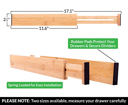 Bamboo Drawer Dividers Organizers 6-pack (12"-17") Adjustable Spring Loaded Drawer Divider Expandable Drawer Organizer Utensil Separators for Kitchen, Bedroom, Dresser, Office, Baby Drawers, Closet