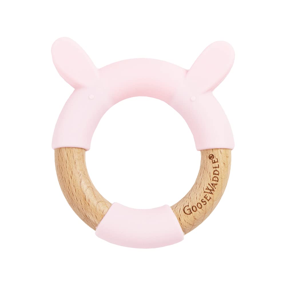 GooseWaddle Luxury Wood Baby Teether, Natural Long Lasting Silicone Teething Toys for Infants Age 4+ Months, Relieve Baby Pain and Sore Gums, BPA Free and Chemical Free (Pink Rabbit)