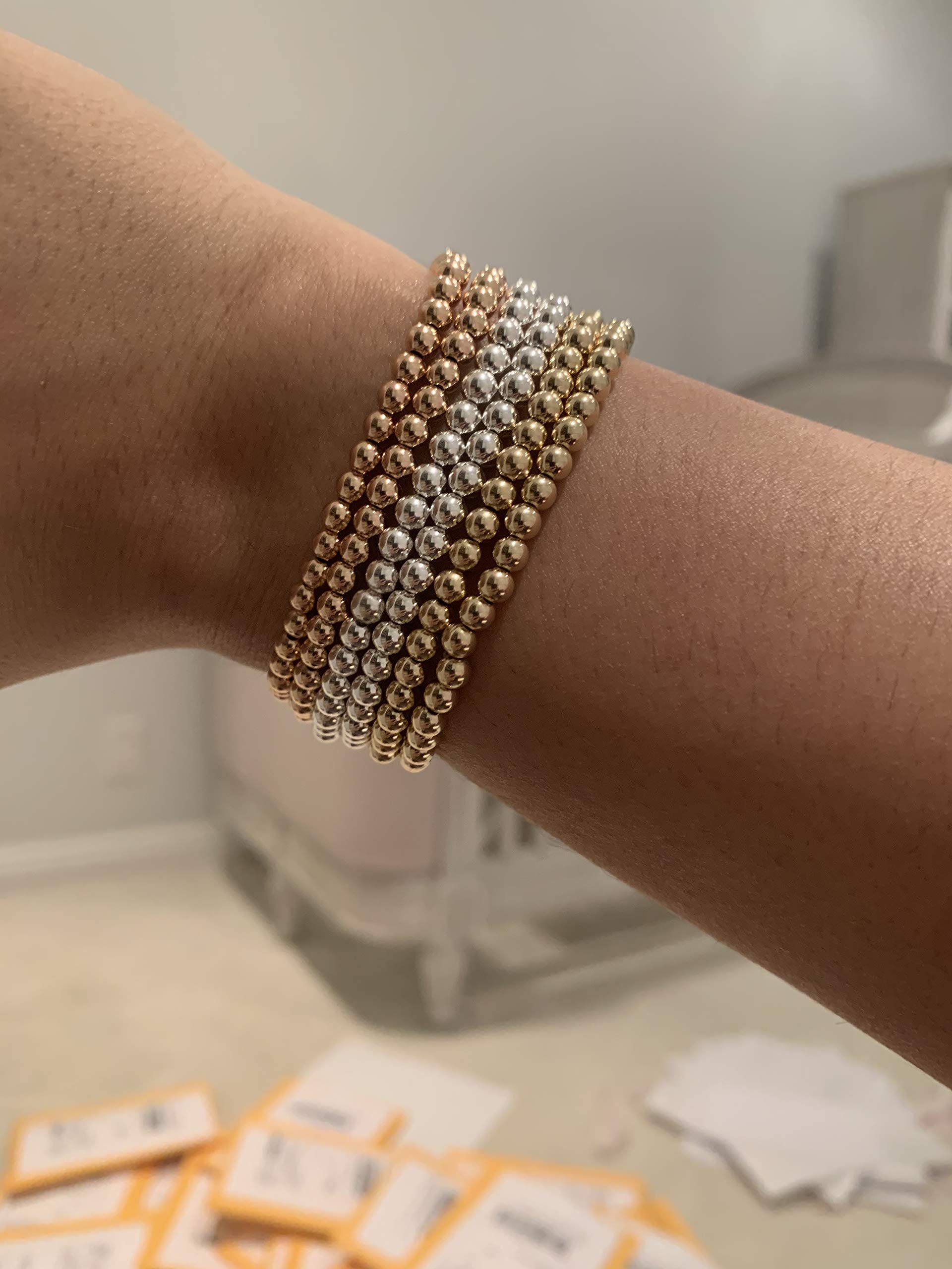 14k Gold Filled Beaded Ball Bracelet, 4mm, Dainty Layering Jewelry, Stacking Stretch Bracelets (6)