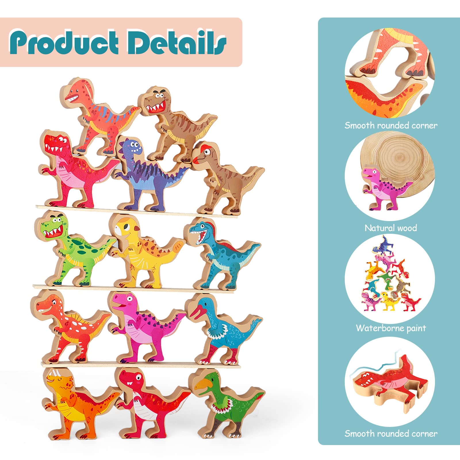14-Piece 3-Inch Wooden Dinosaur Stacking Toys for Kids 3-7, STEM Educational Party Favors