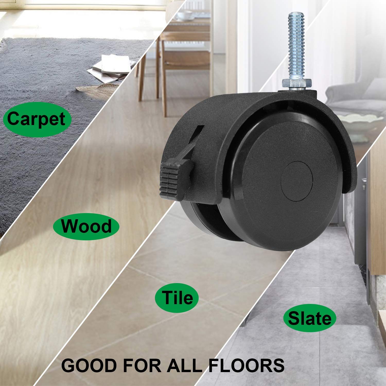 AAGUT 2" Swivel Stem Casters with Locking Brake Threaded 1/4" - 20 x 1 for Furniture and Shelves, Black Replacement Castors, Pack of 4