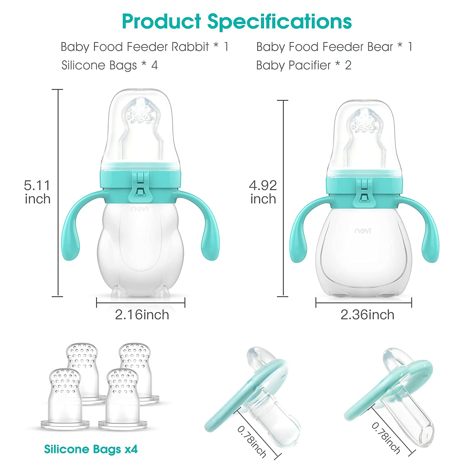 NCVI Baby Fruit Feeder | Fresh Food Pacifier | Silicone Teething Relief Toy, Appetite Stimulation for Feeding, BPA Free, 6 Replacement Nipple, 2Pack (Bear&Rabbit)