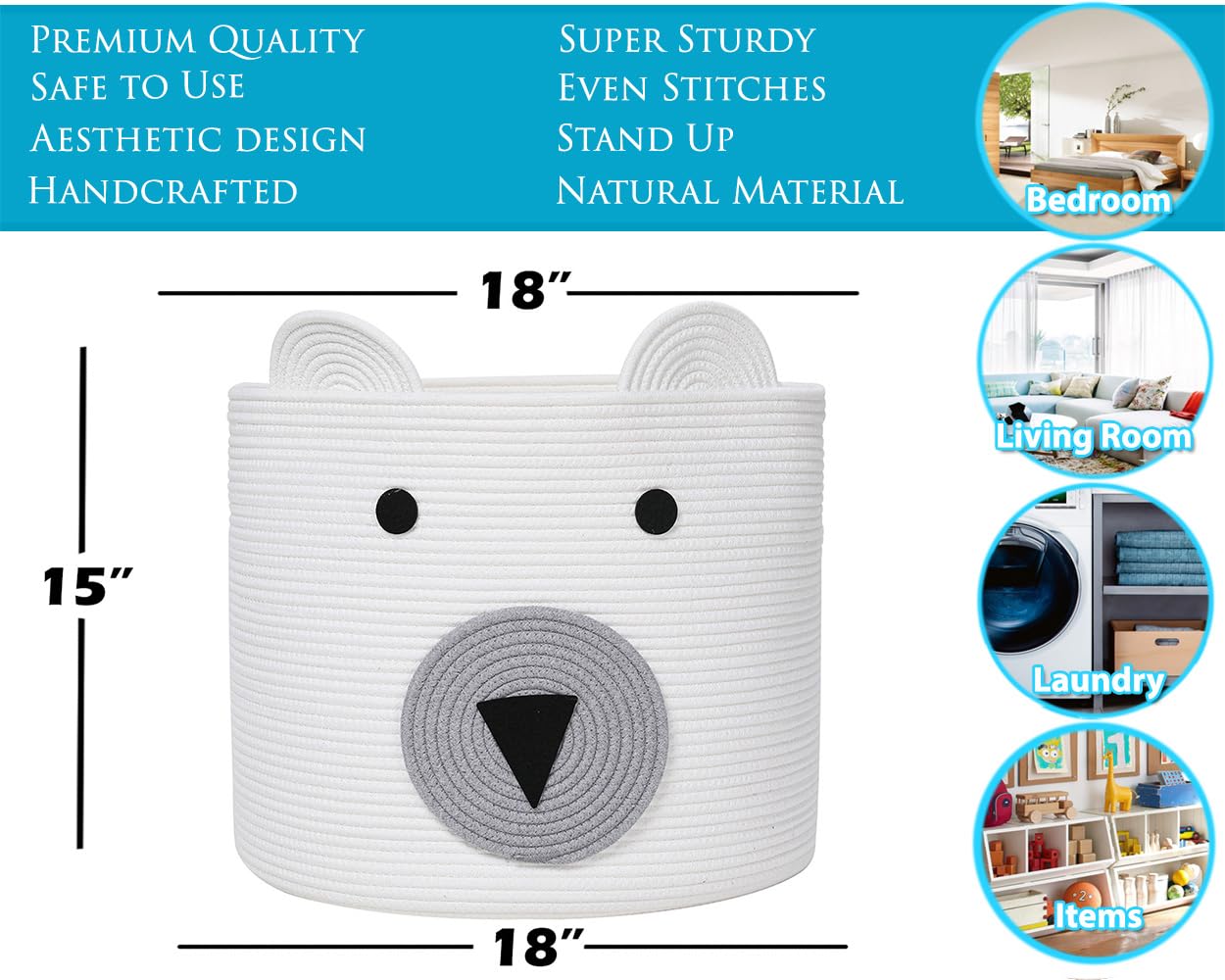 Bear Basket, Animal Basket, Large Cotton Rope Basket, Large Storage Basket, Woven Laundry Hamper, Cloth Storage Bin, for Clothes in Bedroom (White, 18"x15")