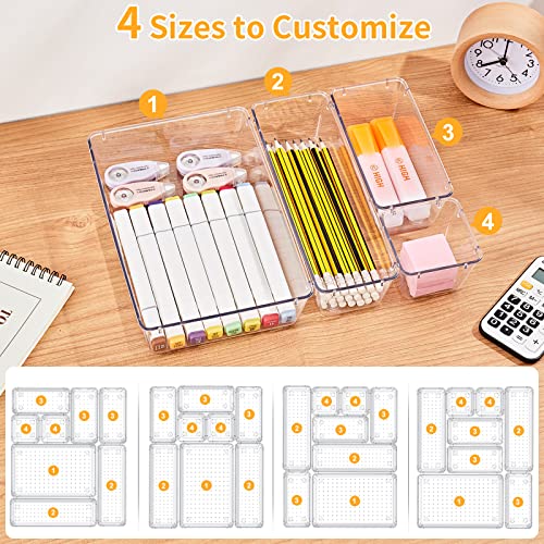SMARTAKE 28-Piece Drawer Organizers with Non-Slip Silicone Pads, 4-Size Desk Drawer Organizer Trays Storage Tray for Makeup, Jewelries, Utensils in Bedroom Dresser, Office and Kitchen, Clear