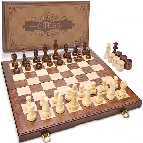 AMEROUS Wooden Chess & Checkers Set with Upgraded Weighted Chess Pieces, 15 Inches (2 in 1) Chess Board Games for Kids, Adults w/ 2 Extra Queens / 24 Cherkers Pieces/Gift Package