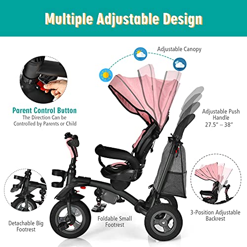 BABY JOY Toddler Tricycle, 7 in 1 Folding Steer Trike w/Rotatable Seat, Adjustable Canopy, Push Handle, Guardrail, Safety Harness, Brakes, Cup Holder & Storage, Tricycle for Toddlers Ages 1.5-5 (Pink)