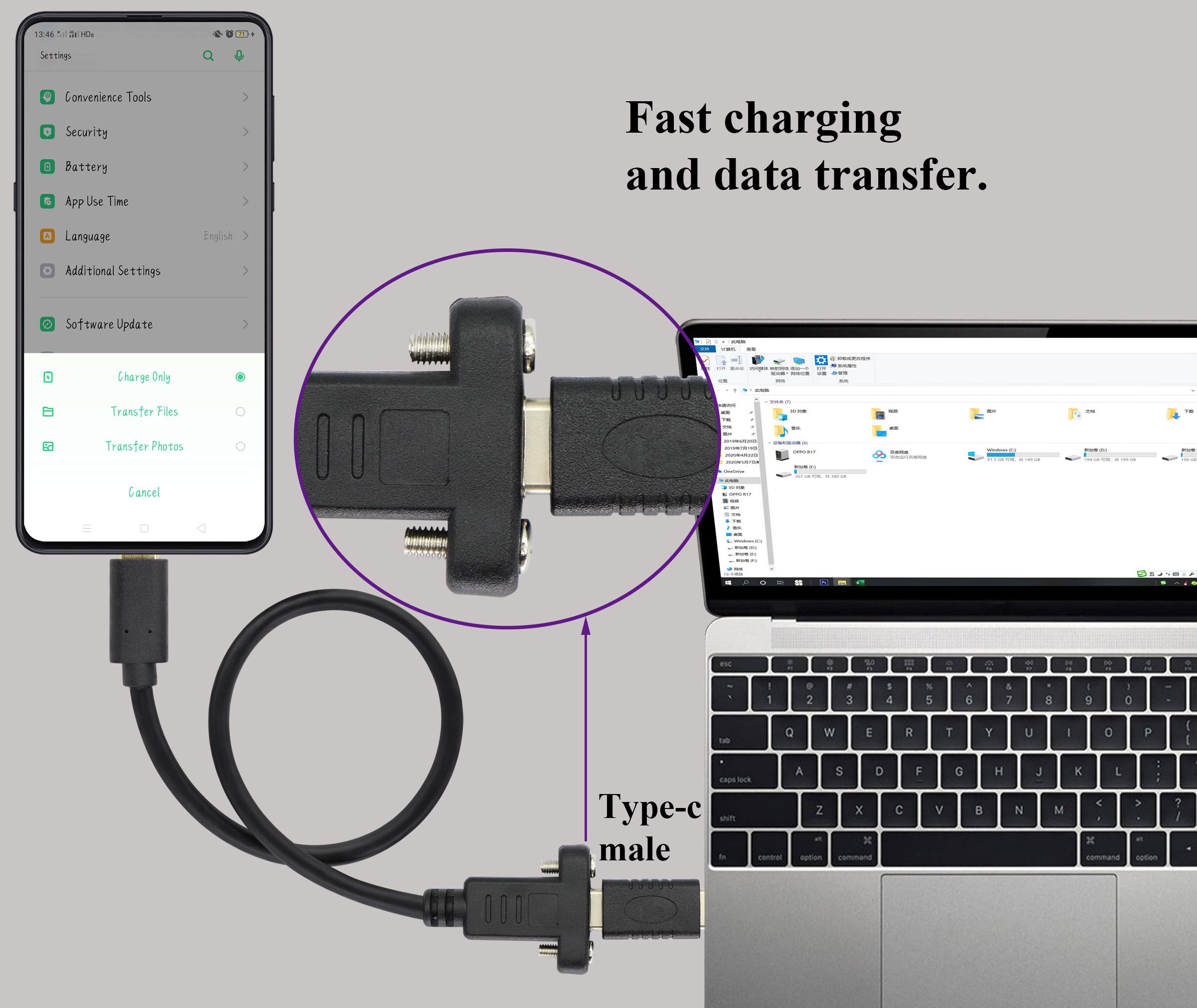 AAOTOKK USB Type C 3.1Panel Mount Adapter Cable USB-C 3.1 Gen2 10Gbps Male to USB C Female Panel Mount Screw Cable,Supports Charging,Data,Audio,Video Cable for Laptop,Tablet,Mobile Phone(0.3M/1ft)